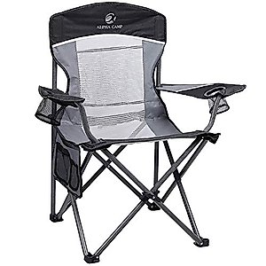ALPHA CAMP Oversized Mesh Back Camping Folding Chair Heavy Duty Support 350 LBS Collapsible Steel Frame Quad Chair Padded Arm Chair with Cup Holder Portable for Outdoor (Black/Grey)