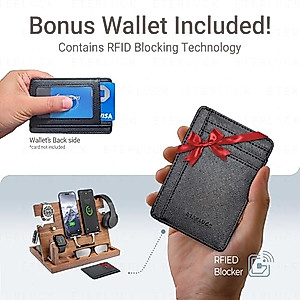 ETERLUCK Wooden Docking Station Men, Nightstand Organizer Bundle w/RFID Blocking Leather Wallet - Charging Station, Cell Phone Stand, Tablet Stand, Husband Gifts from Wife, for Dad - Walnut