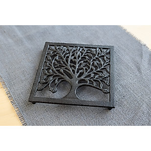 GASARÉ, Cast Iron Trivet for Hot Dishes, Pots, and Pans, Metal Trivet, Family Tree Design, Rubber Feet Caps, Ring Hanger, 8 Inches, Brown, 1 Unit