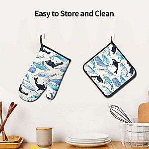 Cute Whale Oven Mitts and Pot Holders Sets of 2, Non-Slip Cooking Hot Pads Washable Heat Resistant for Kitchen Microwave BBQ Baking Grilling