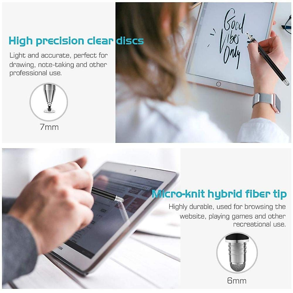 Stylus Pens for Touch Screens-Fine Point-Universal-High Precision, 2 Pieces with 6 Replacement Tips, Compatible for All Capacitive Touch Screens (Black + Black)
