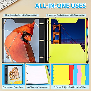 WOT I All-in-one Telescoping Binder Notebook, Refillable 3 Ring Binder with Customized Front Cover+Catalog Back Pocket+5 Subject Dividers+Movable Pocket Folder+60 Sheets Notepaper, Black
