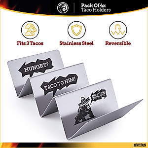 MOUNTAIN GRILLERS Taco Holders Stainless Steel Set of 4 - Reversible Tortilla Holder Tray Can Hold 2 or 3 Shells - Taco Tuesday Makes Prep a Breeze, No Mess - Dishwasher Safe