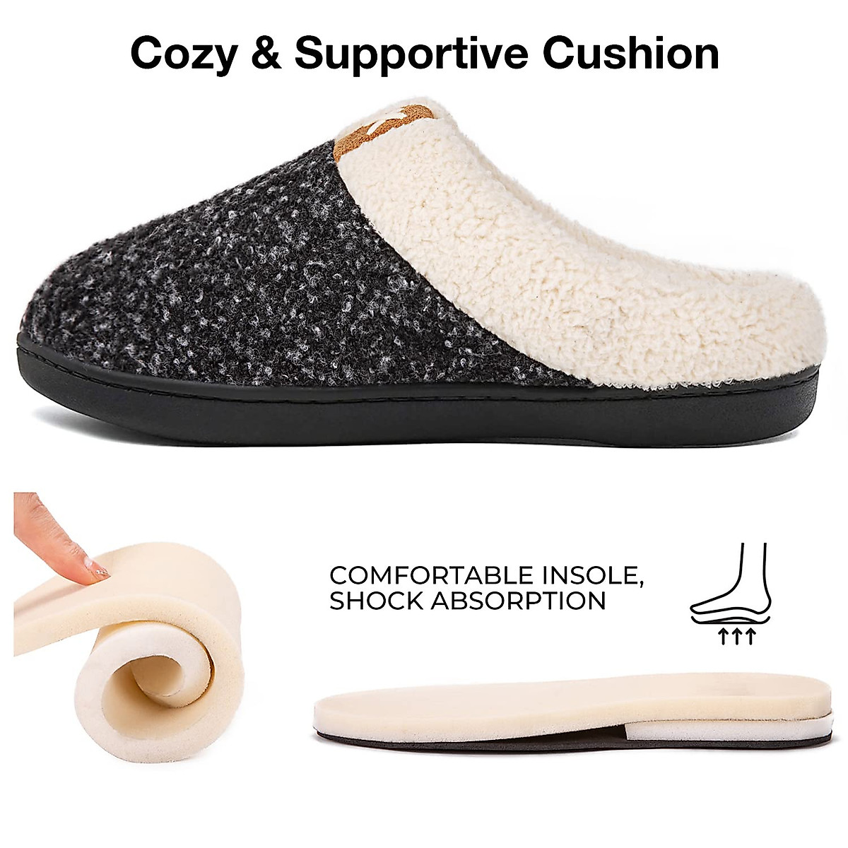 VeraCosy Men's Comfort Memory Foam Slippers Wool-Like Plush Fleece Lined House Shoes w/Indoor, Outdoor Durable Rubber Sole (Space Black,11-12 US)