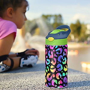 ALAZA Rainbow Leopard Print Cheetah Colorful Kids Water Bottles with Lids Straw Insulated Stainless Steel Water Bottles Double Walled Leakproof Tumbler Travel Cup for Girls Boys Toddlers 12 oz / 350 m