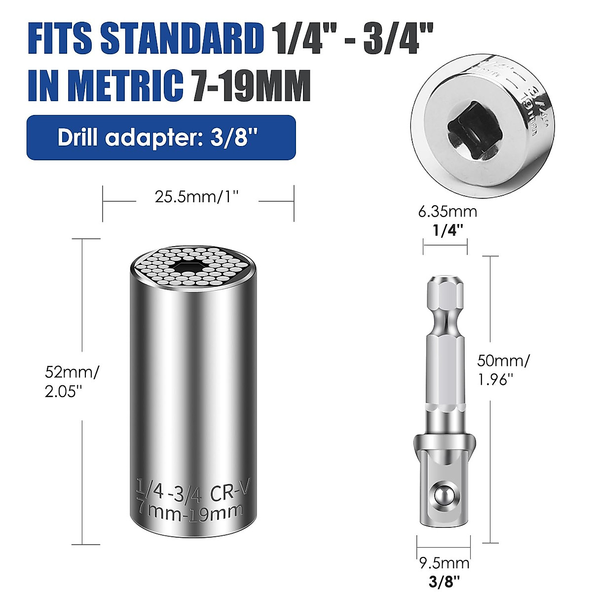 URGENEX Universal Socket Wrench Set (11-32mm 7-19mm) Professional Sockets Tools Multi-function Wrench Repair Kit with Power Drill & Ratchet Wrench Adapter Chrome Vanadium Steel (4PCS)