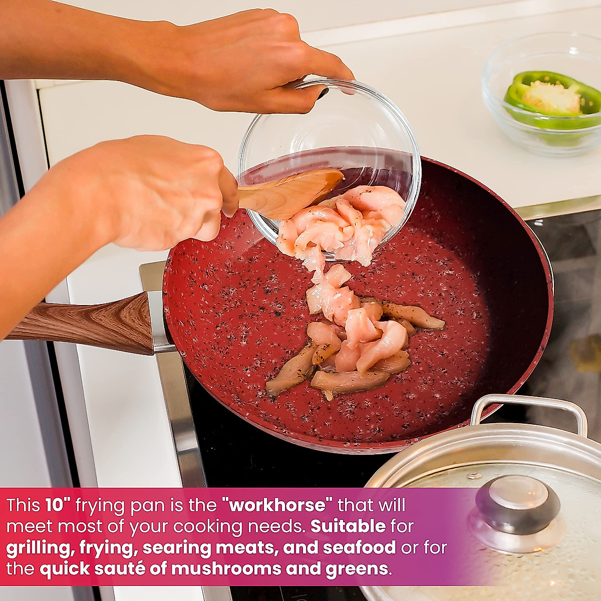 CopperKitchen 10 Inch Frying Pan with Special Lid - Deluxe Copper Granite Stone Coating - PFOA PFOS PTFE Free - Premium Nonstick Scratch Proof Coating - Comes with Special Lid, Red