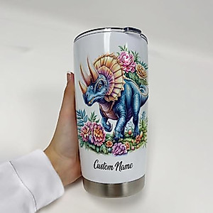 Triceratops Gifts, Personalized Tumbler with Triceratops Dinosaur Animal’s Name – Custom Cup for DinoSaur Lovers, Gift for Women, Men, Gift for Birthdays & Christmas, 20oz Steel Coffee Cup PfrxGT