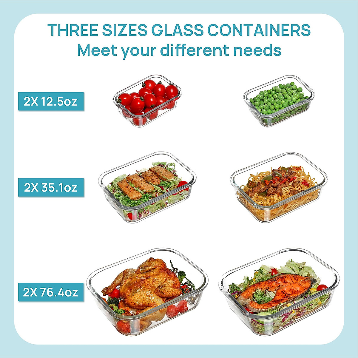 Vtopmart 2.26L/76oz Extra Large Glass Food Storage Containers with Lids, 6 pack Meal Prep Container Set, Airtight Container Bento Boxes with Snap Locking Lids for Microwave, Oven, Freezer, Dishwasher