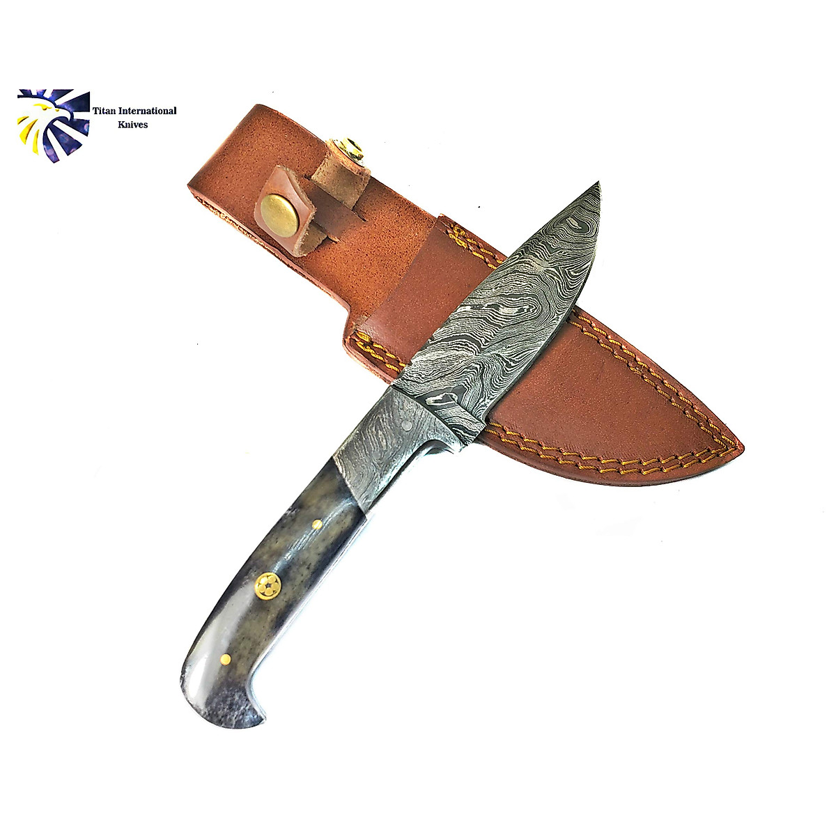 Titan International Knives Damascus TD-191 Steel Hunting Knife with Leather Pouch