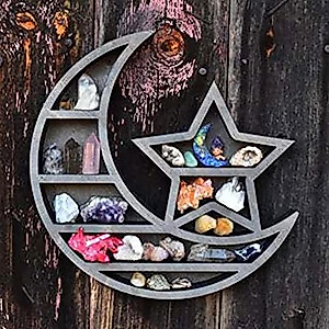 The Moon and Star Wood Shelf Wall Mounted Crystal Display Shelf Wooden Floating Moon Shelf Wall Décor for Crystals Stone, Essential Oil, Small Plant and Art, Gothic Witchy Decor