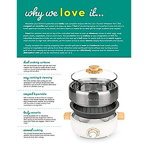 Aroma Housewares AMC-130 Whatever Pot, Indoor Grill, Cooking, Hot Pot with Glass Lid, Bamboo Handles, 2.5L, Stainless Steel/White