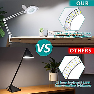 10X Desk Magnifying Glass with Light and Clamp, NUEYiO 2,200 Lumen Super Bright Stepless Dimming LED Lighted Magnifier, 8-Diopter Real Glass Lens, Adjustable Arm Magnifying Lamp for Craft Repair-White
