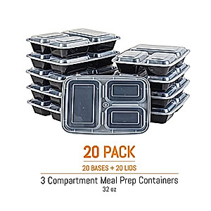 NutriBox [20 Pack 3 Compartment Meal Prep Container with Lids, Durable, Stackable, Reusable Bento Box - BPA Free, Dishwasher, Microwave Safe Food Storage Container