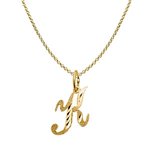 PRECIOUS STARS 14k Yellow Gold Diamond-cut Cursive Letter Initial 'K' Pendant with 1.2mm Rolo chain