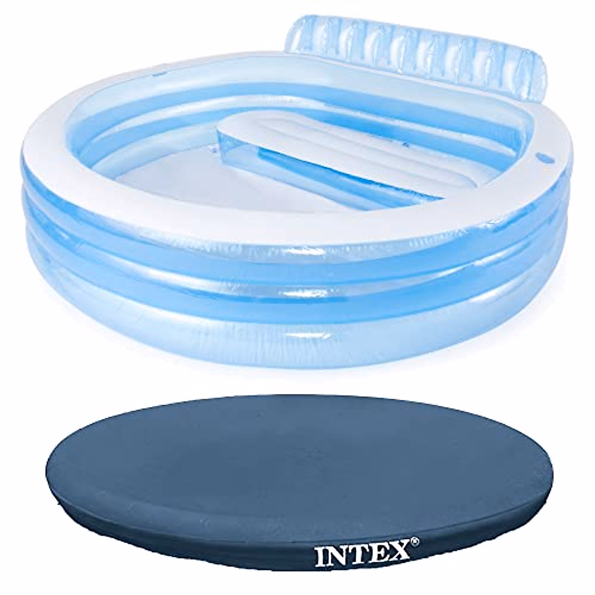 Intex Swim Center Round Inflatable Outdoor Above Ground Swimming Pool with Built-in Relaxing Lounge Bench and Protective Pool Cover