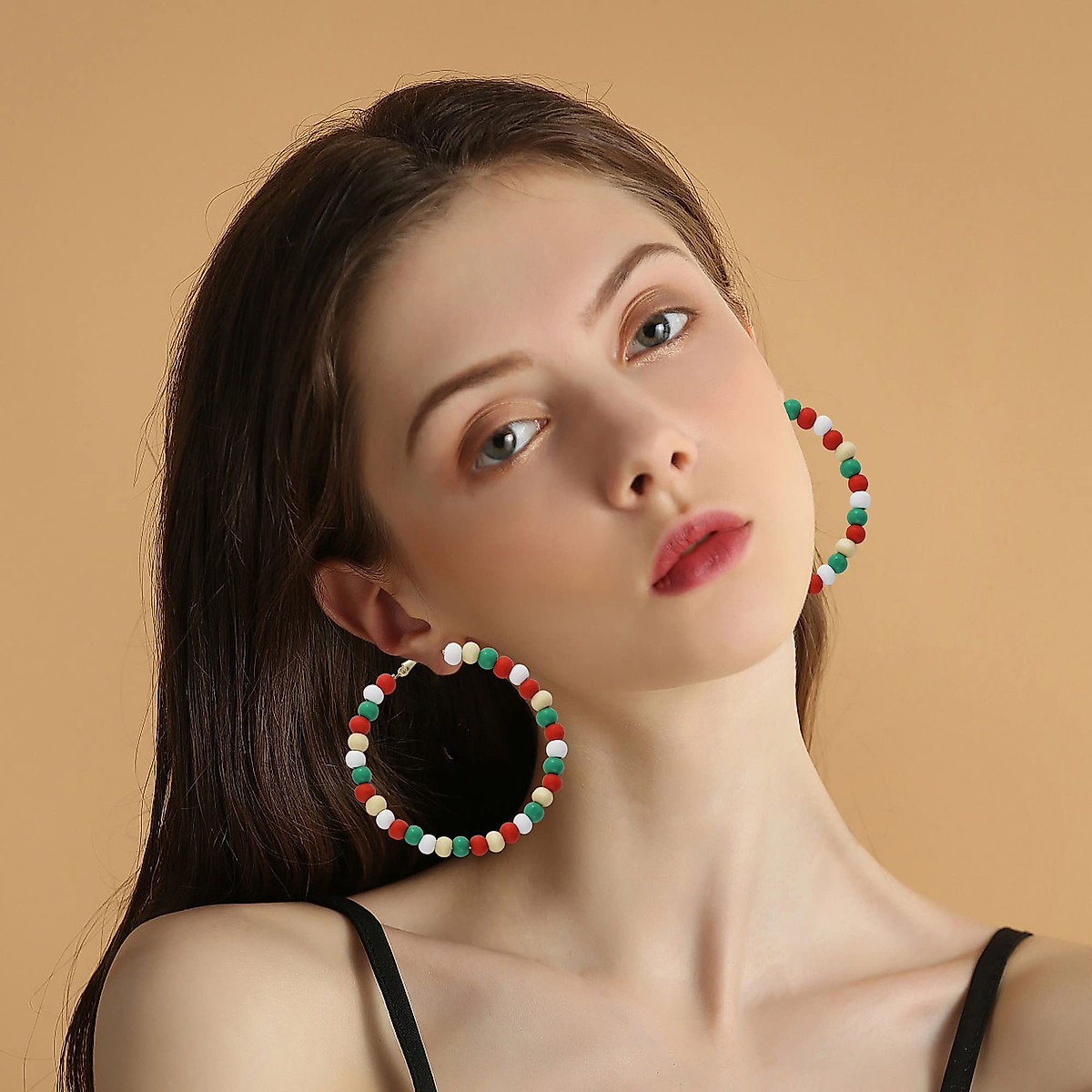COIRIS Wooden Beaded Hoop Big Earrings Bohemian Circle Round Bead Earrings Circle Drop Dangle Earrings Jewelry For Women (ER1185-Red+Christmas)
