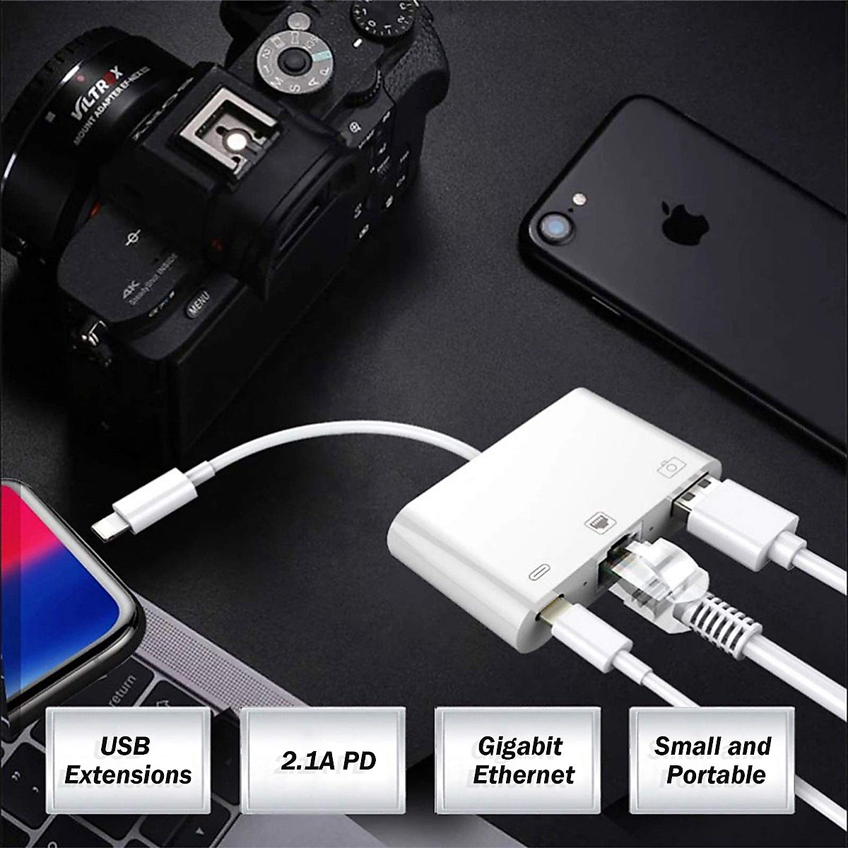 Ddida 3 in 1 Gigabit Ethernet Adapter with USB 3.0 OTG for Fast File Transfer, Compatible with iOS Devices