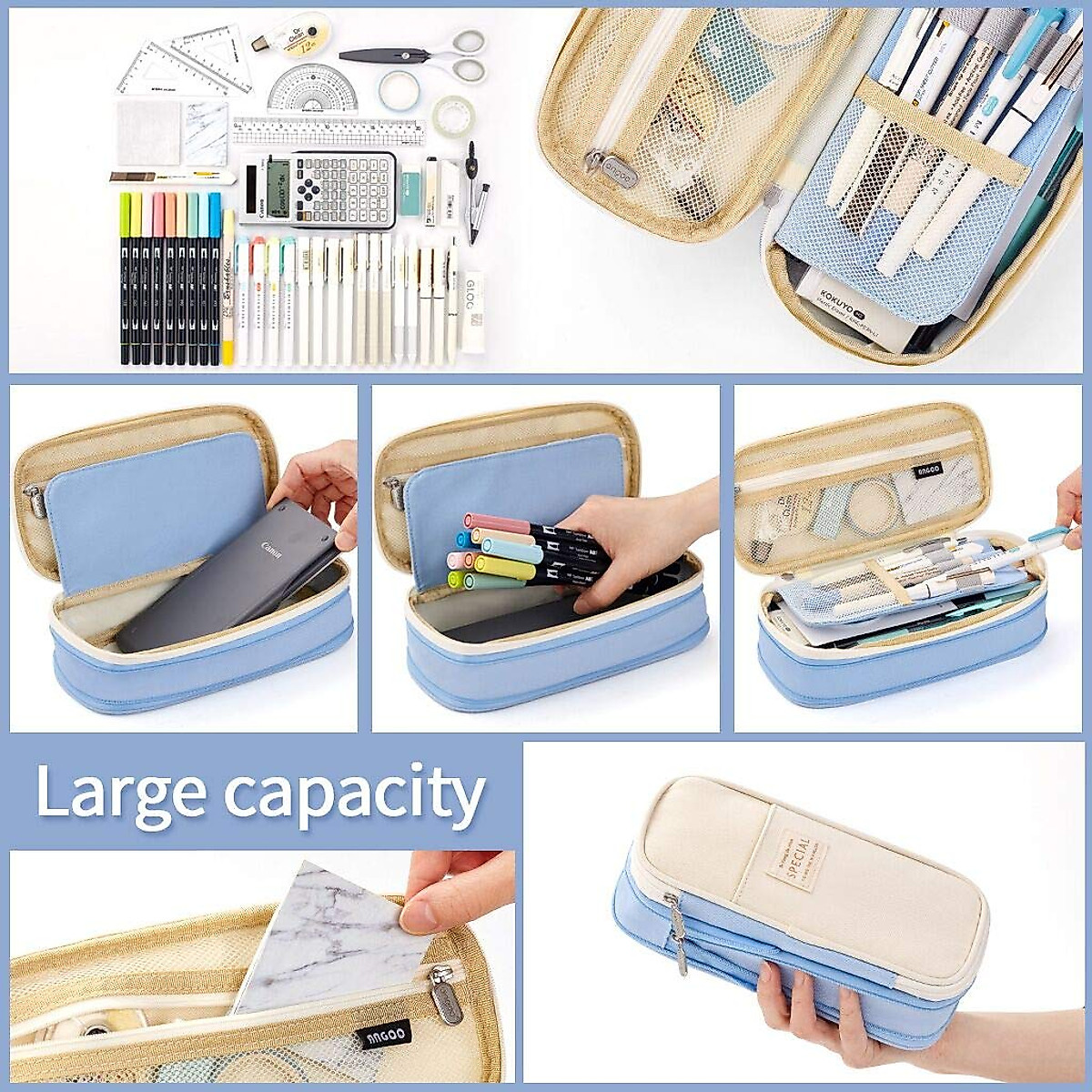 EASTHILL Big Capacity Pencil Pen Case Office College School Large Storage High Capacity Bag Pouch Holder Box Organizer Light Blue