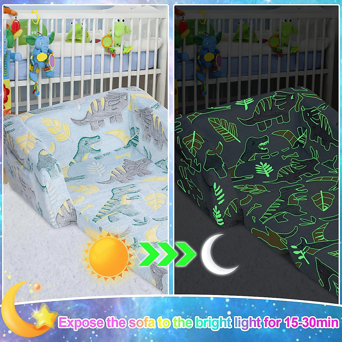 Kirumie Fold Out Kids Sofa Couch, Children 2 in 1 Convertible Sofa to Lounger, Flip Out Sofa Chair with Blanket, Glow in The Dark Dinosaur Theme Toddler Sofa, Sofa Bed Toddler Chairs for Boys Girls