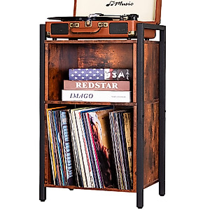 LELELINKY Record Player Stand, 2-Tier Vinyl Record Storage Cabinet with Metal Frame, Cube Vinyl Holder Organizer, Turntable Stand, End Table, Nightstand for Living Room, Bedroom, Office- Retro Brown