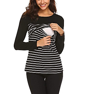 Women Nursing Maternity Layered T Shirt Breastfeeding Long Sleeve Tunics Blouse Pregnancy Striped Packwork Tees Sweatshirts (Black, M)