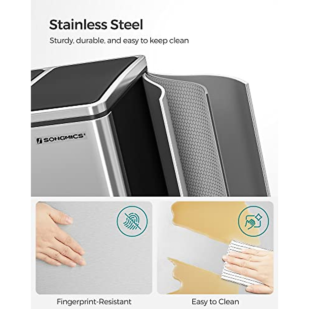 SONGMICS Trash Can, 3 x 4.8 Gallon Garbage Can, 14.4 Gallon Recycle Bin with Soft-Close Lids, Pedals, and Inner Buckets for Kitchen, Stainless Steel, Silver and Black ULTB54NL