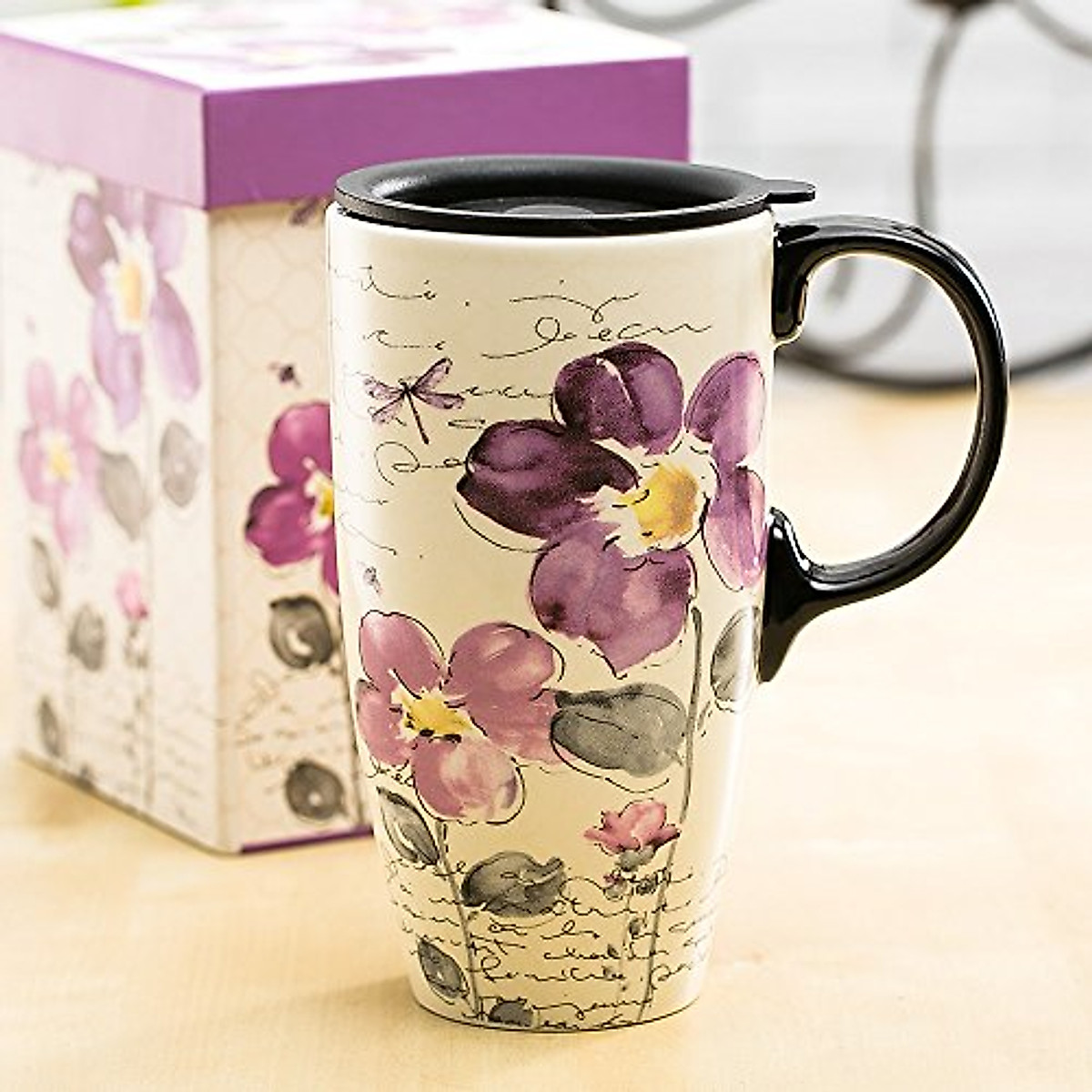 Topadorn Tall Ceramic Travel Mug 17 oz. Coffee Cups Sealed Lid With Color Box (Purple Flower)