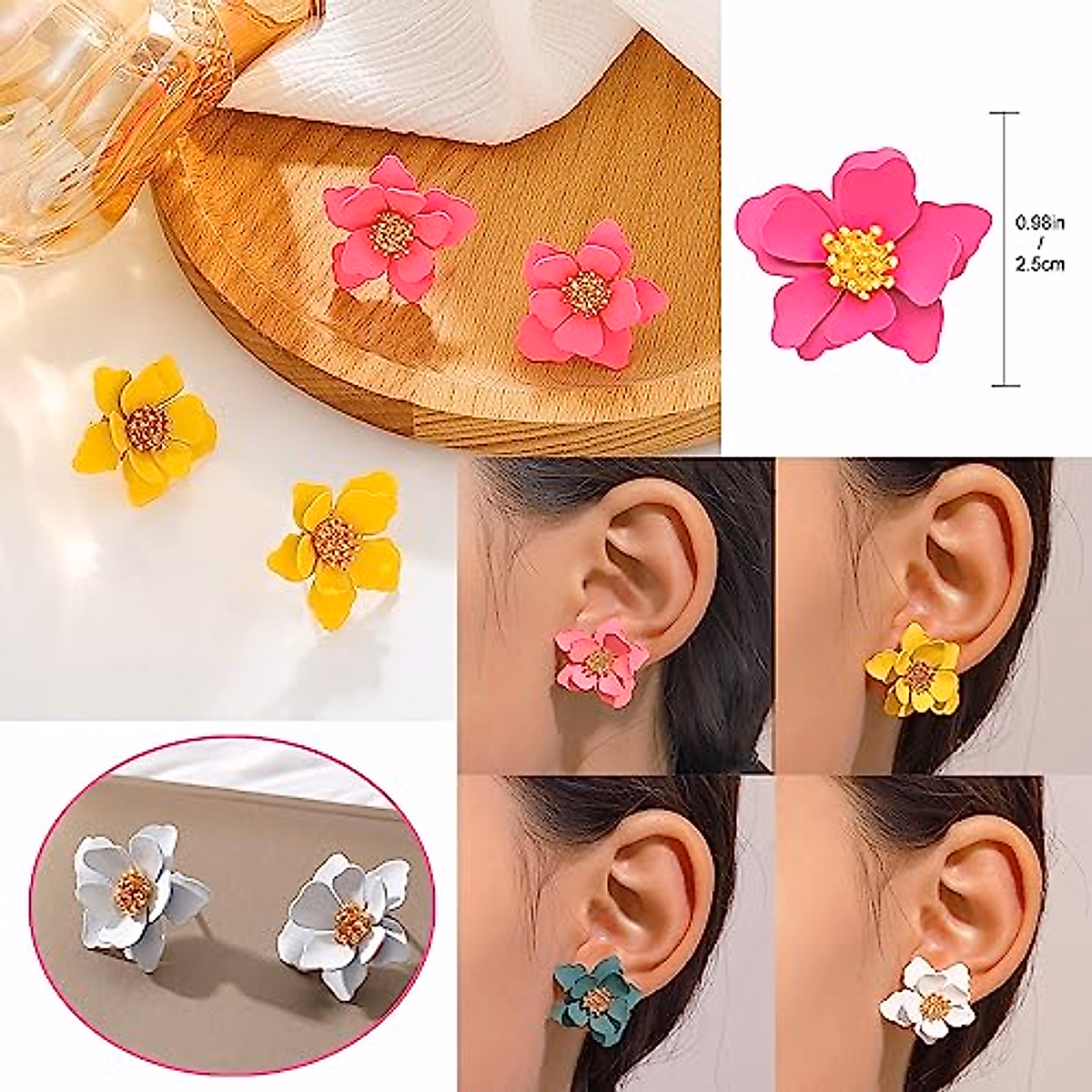 Ronglry 6pcs Boho Flower Stud Earrings for Women Chic Flower Statement Earrings Summer Earrings Flower Shaped Earrings with Gold Bud Hawaiian Earrings for Women Floral Earrings Jewelry Gifts-6pcs
