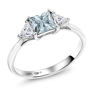 10K White Gold Sky Blue Aquamarine and White Moissanite from Charles & Colvard 3 Stone Engagement Ring For Women (0.82 Cttw, March Birthstone, Princess 5MM, Trillion 3.5MM) (Size 7)