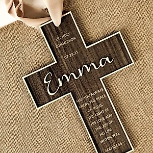 Personalized Engraved Wood Cross, Christian Wooden Cross for Baptism, Holy Communion, Confirmation or Newborn Gift Keepsake with Custom Name and Date with Message (Walnut)