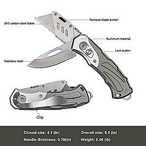 Folding Utility Knife Dual Blades Stainless Steel/Box Cutter with Clip + Pouch + 5 Blades