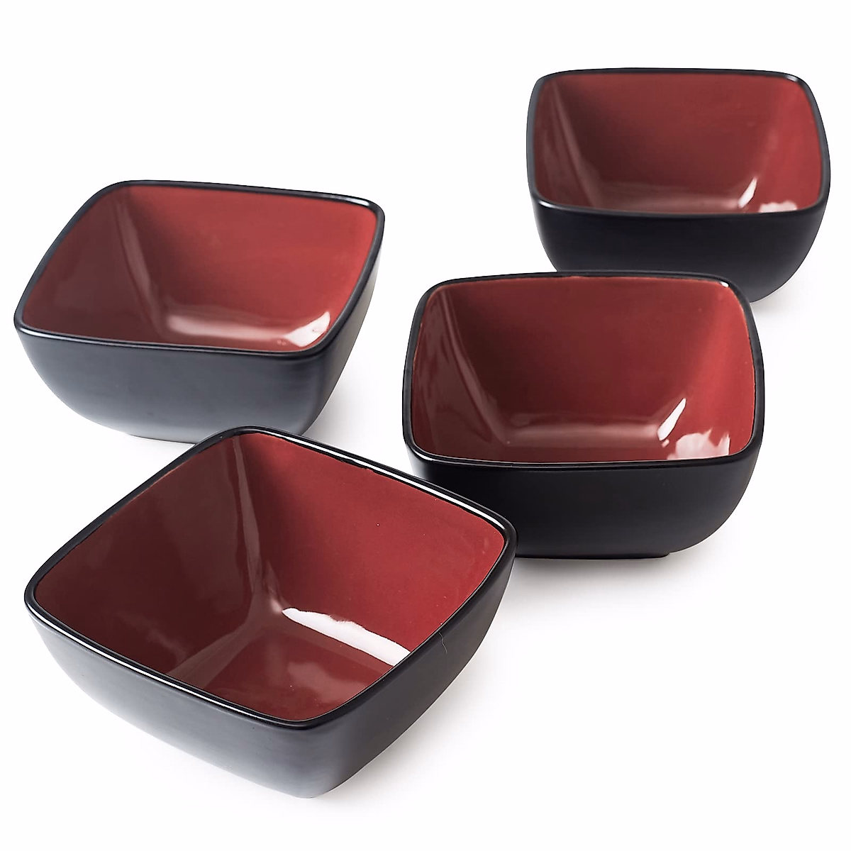 AmorArc 32oz Square Cereal Soup Bowls, Stoneware Bowls Set of 4 for Kitchen, Large Bowls for Cereal,Soup,Salad,Meal, Microwave & Dishwasher Safe-Red Inside