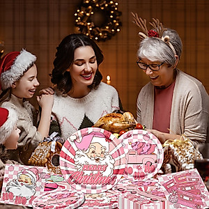 Lenyunge Pink Christmas Decoration Tableware Set,75pcs Ho Ho Ho Christmas Plates and Napkins Supplies Groovy Theme Hip Hop Santa Claus Christmas Supplies for Winter Theme Xmas Holiday