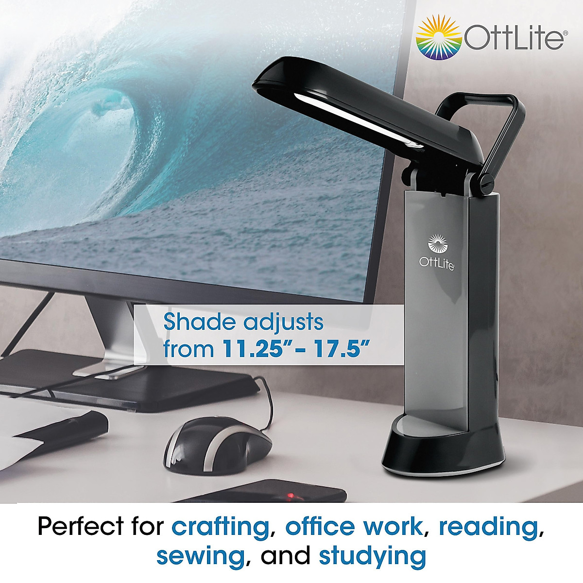OttLite 13 Watt Folding Task Lamp, Black - Portable, Adjustable, Desk Light