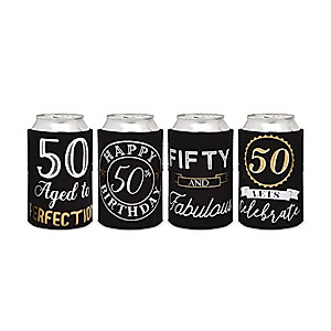 12-Pack 50 and Fabulous Birthday Decorations and Supplies for Women and Men, Black and Gold Insulated Neoprene Can Cooler Sleeve Party Favor for 12 oz Soda, Beer, Beverages (2.5x4 in)