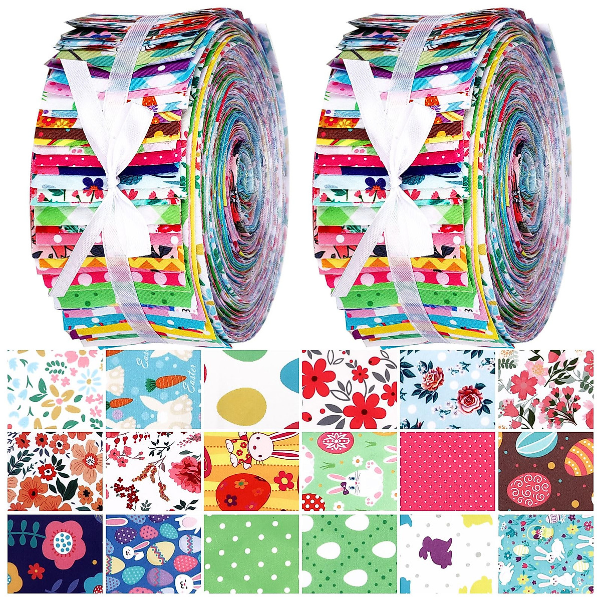 70 Pcs Spring Jelly Fabric Patchwork Roll, 2.55 Inch Easter Fabric Quilting Strips Roll up Jelly Fabric Patchwork Fabric Bundles for Holiday Quilters and Sewing DIY Crafts
