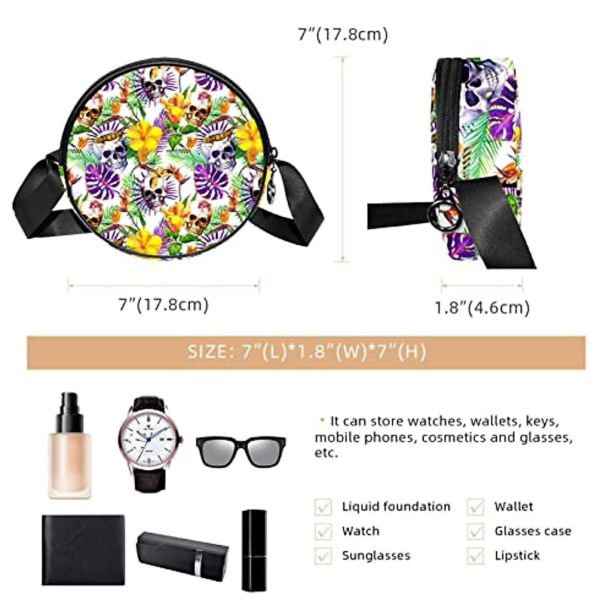 Funny Skull with Leaves Crossbody Bag for Women Teen Girls Round Canvas Shoulder Bag Purse Tote Handbag Bag