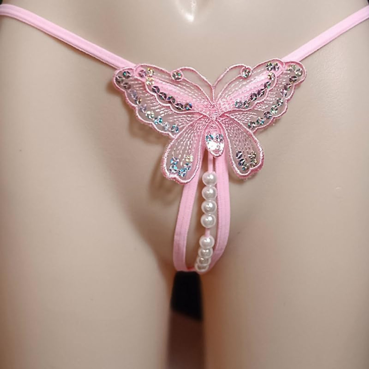 Sekexi Fashion Women Sexy Underwear Cutout Pendant Pearl Beads Embellished Lace Butterfly G-String Thong Underpants Pink