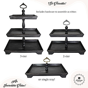 Large Rectangle Rustic Wood Three Tiered Tray, 3 Tier Serving for Coffee Bar, Kitchen Counter, Modern Farmhouse Table Decor, Cupcake Stand, Holiday - Felt Creative Home Goods (Black) with 3 Handles