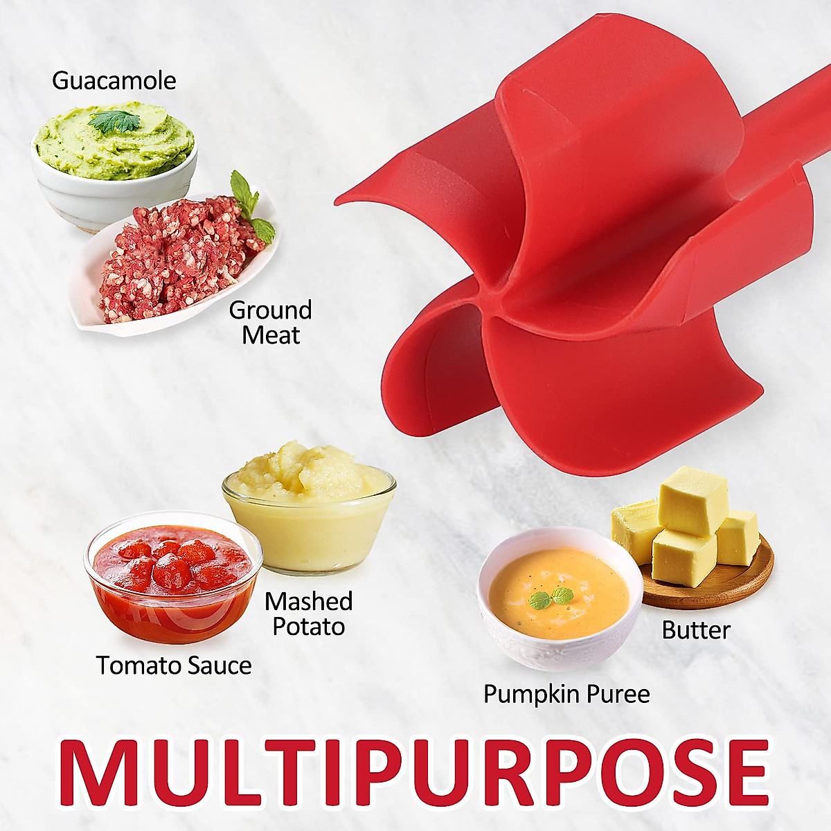 Ourokhome Upgrade Meat Chopper and Potato Masher, Heat Resistant Ground Meat Smasher for Hamburger, 5 Curved Blades Ground Beef Smasher, Nylon Non Stick Mixer, Stirrer and Kitchen Gadgets, Red