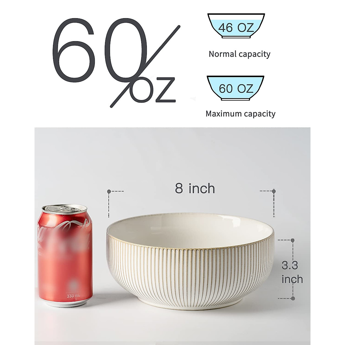 getstar Large Serving Bowls (8 inch & 60 fl oz), Ceramic Salad Bowl Set of 2, Microwave and Dishwasher Safe, Farmhouse Kitchen Decorative Bowls Set (Embossed Checks & Stripes)