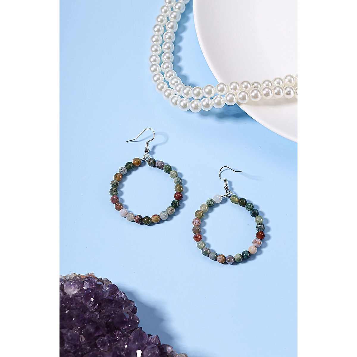 Jovivi Crystal Dangle Earrings for Women Natural Indian Agate Round Gemstone Healing Crystal Stone Beads Earrings Hoop Dangle