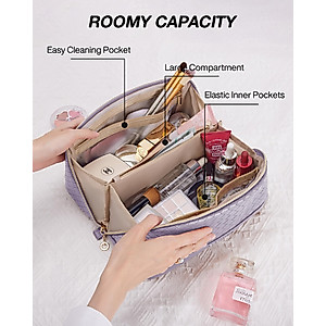 BAGSMART Makeup Bag, Travel Cosmetic Bag Organizer, PU Leather Water-Resistant Pouch, Open Flat Makeup Storage for Toiletries, Brushes, PU Leather Purple