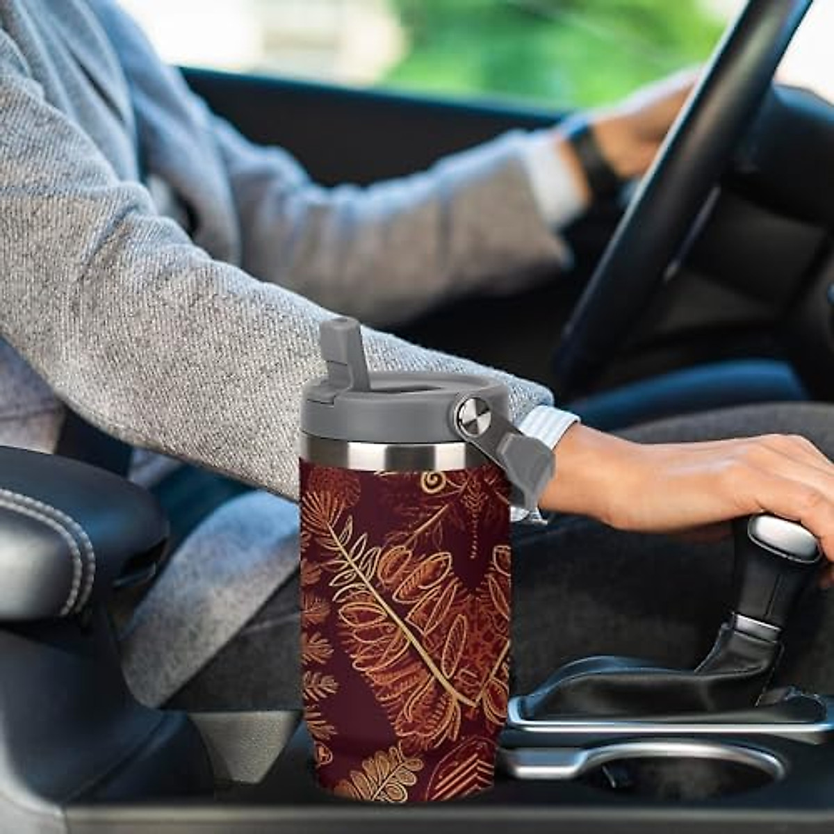 YTLKGFP 30 Oz Large Capacity Car Cup Maroon Gold Pattern Tumbler with Handle Straw Lid Insulated Stainless Steel Water Bottle Travel Mug Leak-proof Car Cup Keeps Cold Or Hot