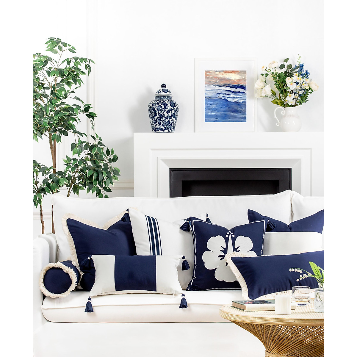 Hofdeco Premium Coastal Hampton Style Patio Outdoor Performance Lumbar Pillow Cover Only, 12"x20" Water Repellent for Backyard, Couch, Dark Navy Blue Solid with Fringe