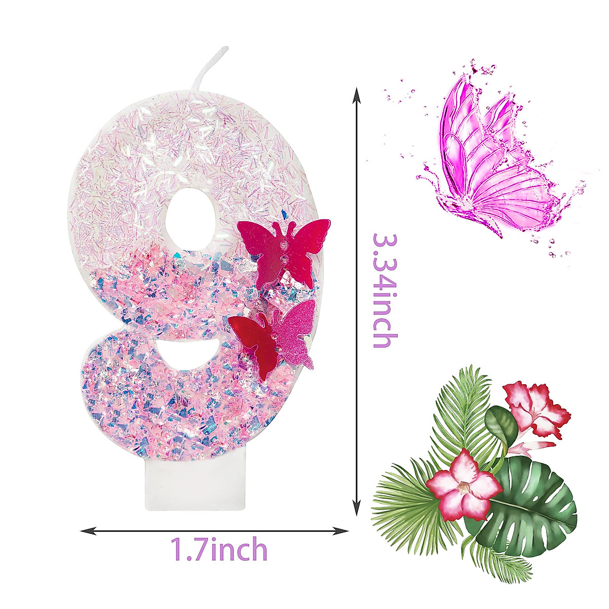 Birthday Candle 9,Rose Butterfly Number 9 Candle for Cake Pink Birthday Candles Number 9 Women Girl Party Supplies