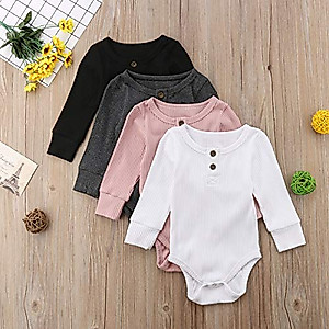 Seyurigaoka Newborn Unisex Baby Solid Bodysuit Basic Plain Rib Stitch Long Sleeve Romper Clothes for Infant Boy Girl White