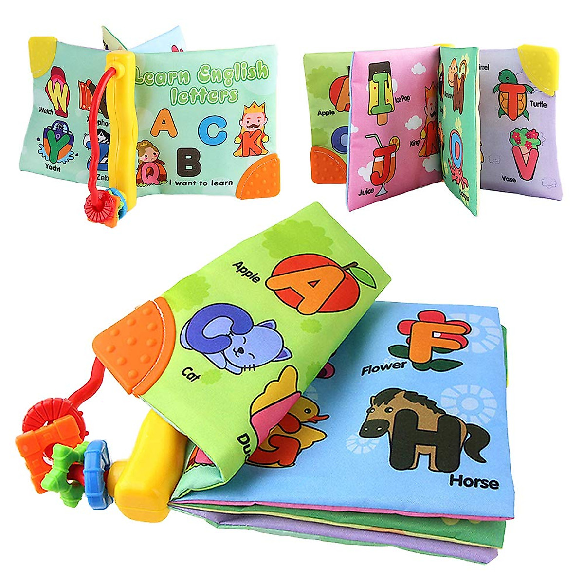 Hapavis Teething Cloth Books Soft Activity Crinkle Baby Books Toys for Early Education for Babies Teether Ring Letters