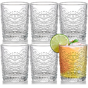Okllen 6 Pack Clear Romantic Drinking Glasses, 10 Oz Embossed Water Glasses Tumblers, Vintage Glassware Set Highball for Juice, Whisky, Beverages, Beer, Cocktail
